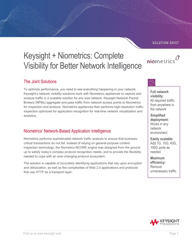 Keysight + Niometrics: Complete Visibility for Better Network Intelligence PDF Asset Page | Keysight